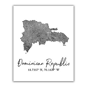 Dominican Republic Map Wall Art Print - 8x10 Silhouette Decor Print with Coordinates. Makes a Great DR-Themed Gift. Shades of Grey, Black & White.