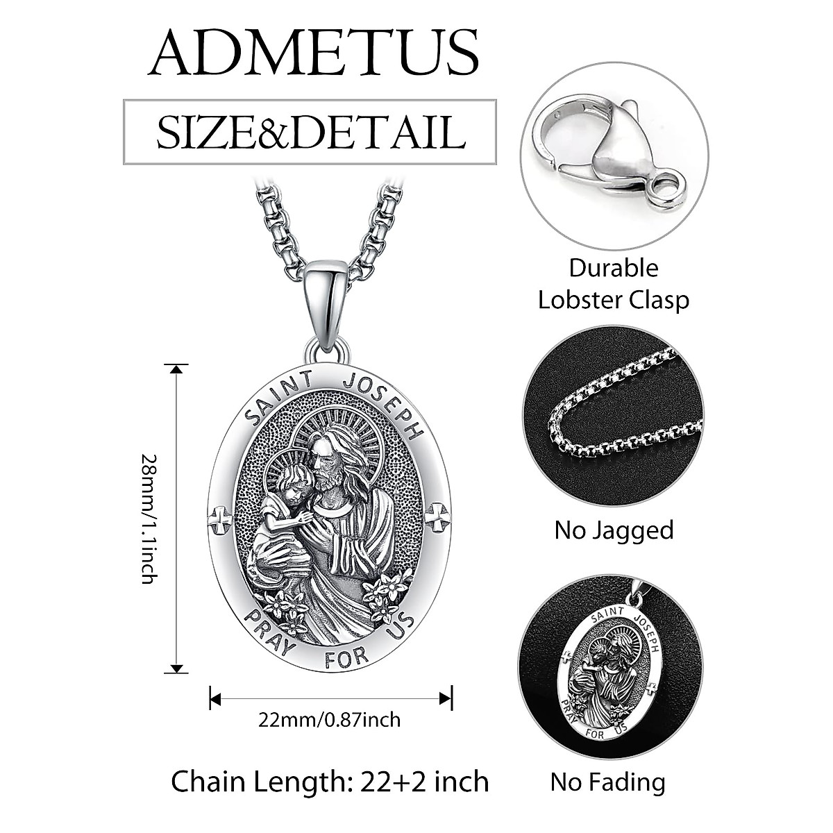 ADMETUS St Joseph Medal for Men 925 Sterling Silver Oval Saint Joseph Pendant Necklace Protection Jewelry Religious Gifts