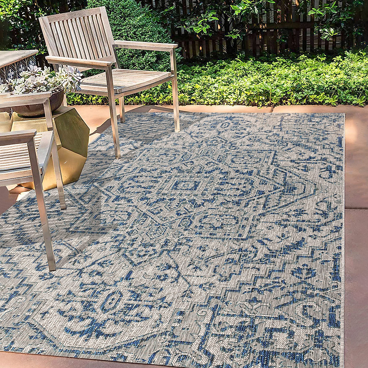 JONATHAN Y SMB105B-9 Estrella Bohemian Medallion Textured Weave Indoor Outdoor Area Rug Coastal Bohemian Rustic Glam Easy Cleaning Bedroom Kitchen Backyard Patio Non Shedding, 9 X 12, Navy/Gray
