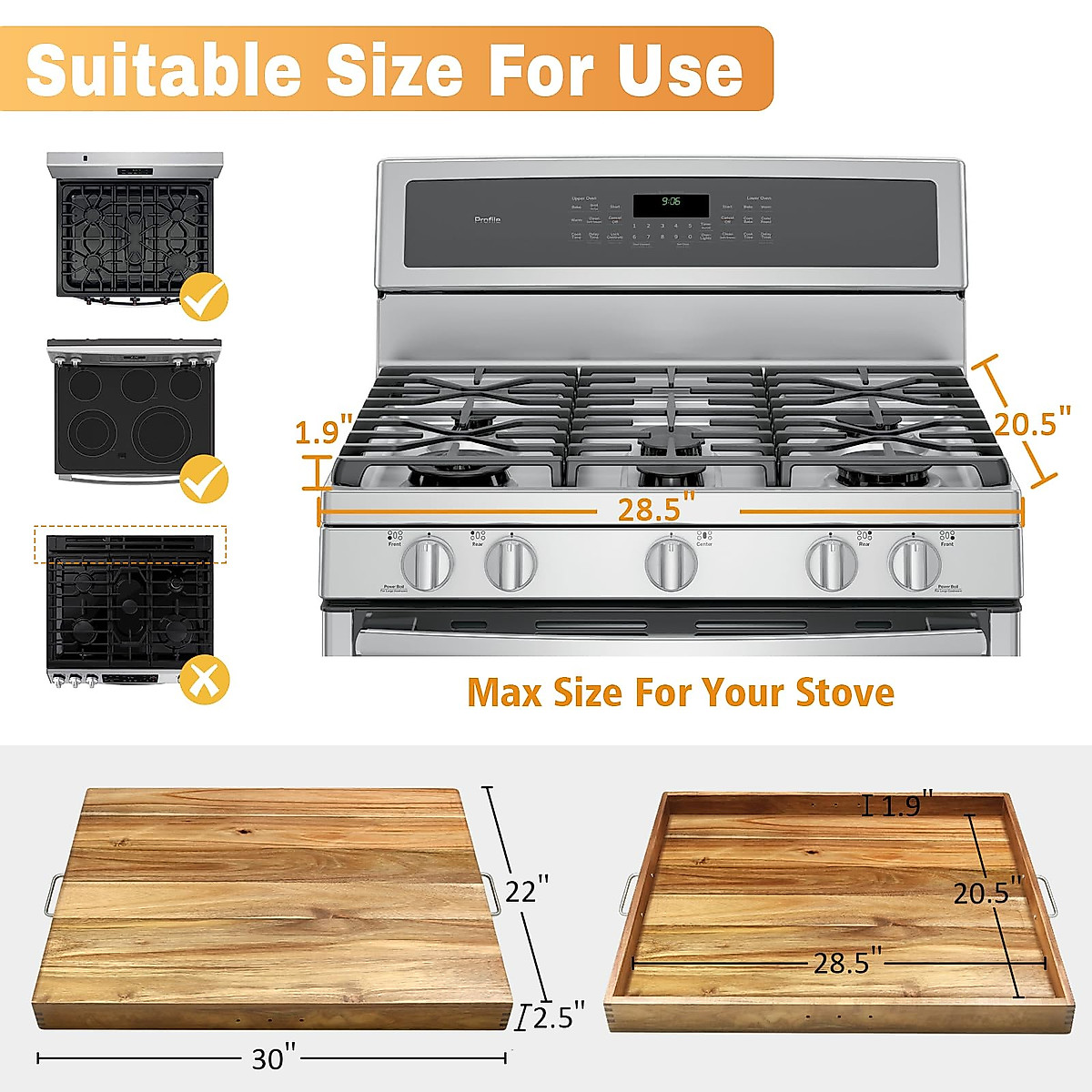 GASHELL Gas Stove Cover with Handles, Multiple Wood Stove Top Cover Board for Gas Stove(Acacia)