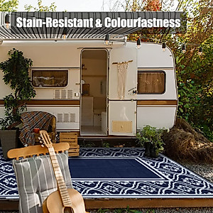 HUGEAR Outdoor Rug Mats, Large Waterproof Area Rug, Reversible Portable Outdoor Plastic Straw Carpet for RV Deck Camping Front Door Indoor Outside Porch Picnic (5x8ft Lantern Navy Blue&White)