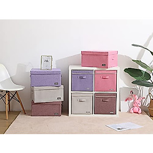 YueYue Linen Collapsible Storage Bins With Lids，Foldable Fabric Storage Bins Boxes，Storage boxes with lids Closet Bin（2 Pack Pink，13in/13in/13in