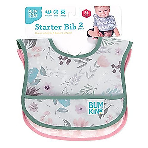Bumkins Starter Bib, Baby Bib Infant, Waterproof Fabric, Fits Infants and Babies 3-9 Months - Floral & Lace (2-Pack)