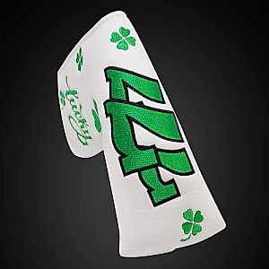 Lucky Green Clover Shamrock Golf Blade Putter Cover Headcover Club Protective Golf Accessories for Men,Soft Synthetic Leather,for Scotty Cameron,Odyssey,Taylormade in White