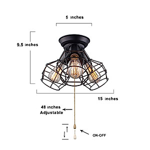 LOG BARN Ceiling Light Fixture with Pull Chain, Wire Cage Light Fixture in Black Finish for Bedroom, Kitchen Island, 15 inches