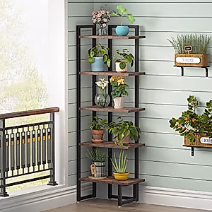 Tribesigns Corner Shelf, 5 Tier Wide Industrial Wood Wall Corner Bookshelves, Corner Storage Rack Shelves Display Plant Flower Stand Ladder Bookcase for Home Office Kitchen Bedroom