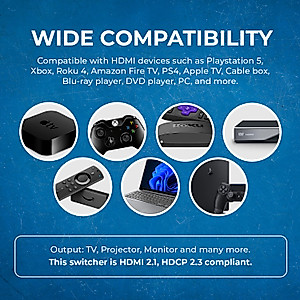 OREI 8K HDMI 2.1 Switch 4x1, Switcher UltraHD Supports Upto 4K @ 120Hz VRR, Dolby Vision, ALLM, Audio SwitchingPS5, Xbox, Gaming, Remote Contorl IR HDCP 2.3 CEC