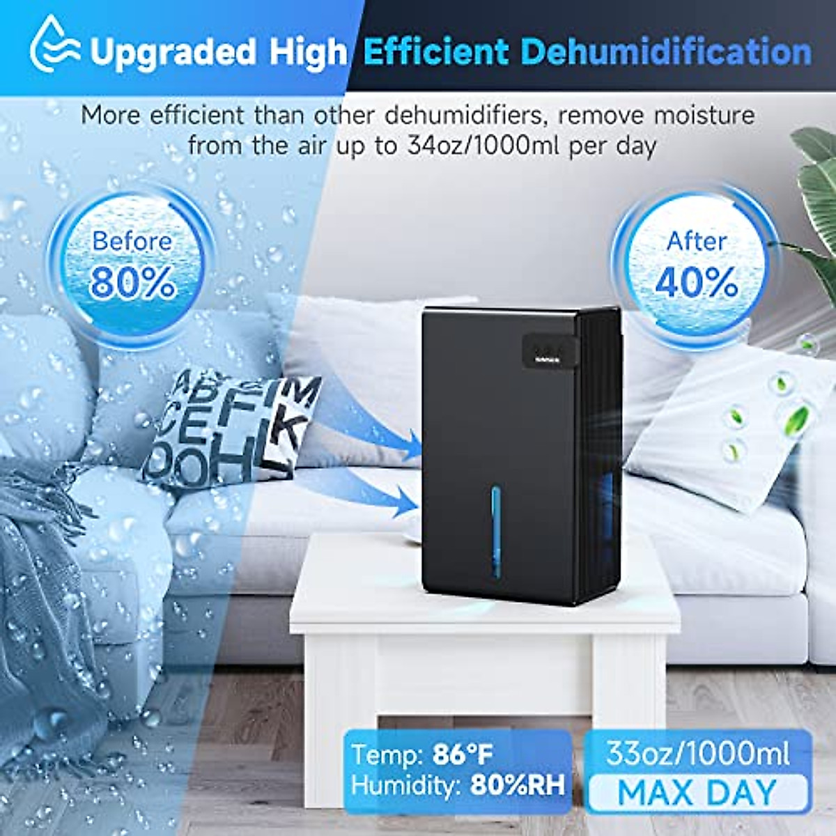 SIMSEN 95oz Dehumidifiers for Home, 8000 Cubic Feet(800 sq ft) Quiet Dehumidifier for Home with Drain Hose and 2 Working Modes, Portable Small Dehumidifiers for Bedroom Bathroom Basements Closet RV