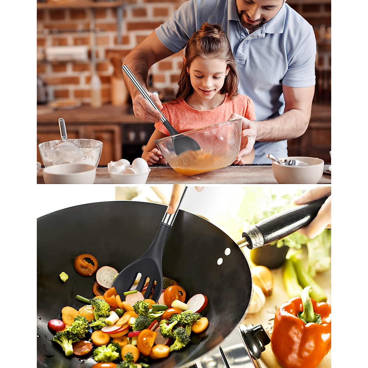 2 Pcs Silicone Cooking Spoons, Solid and Slotted Spoon Set, Non-Stick BPA Free Heat-Resistant Basting Stainless Steel Handle Kitchenware for Cooking, Soup, Serving, Draining, Stirring (black)