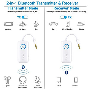 Lavales Wireless Bluetooth 5.3 Audio Transmitter Receiver Adapter for Airplane, Gym/TVs/Gaming Consoles/Car/PC/Home Stereo, 3.5 mm Jack, AptX Adaptive/Low Latency,Dual Paring,Rechargeable,HD Stereo