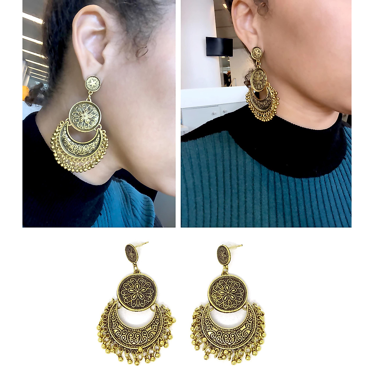 Honbay Bohemian Fashion Earrings National Style Retro Earrings Gypsy Dangle Earrings (Vintage Gold)