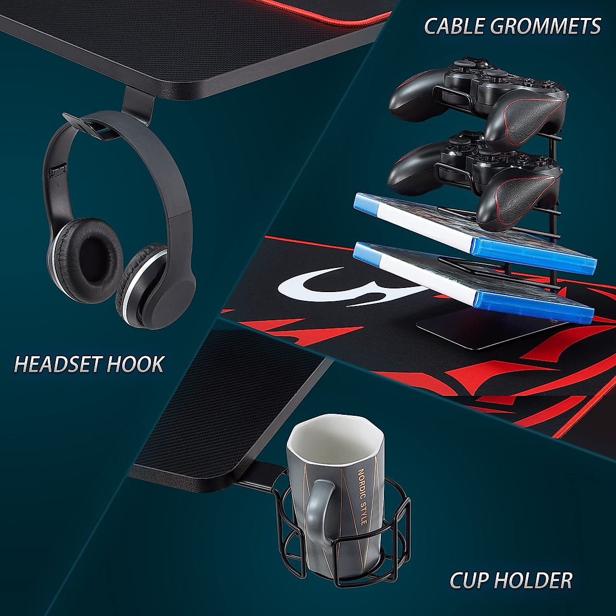 It's_Organized Gaming Desk 47 inch PC Computer Desk Home Office Student Desk X-Shaped with Mouse Pad Cup Holder Headphone Hook Handle Rack,Black