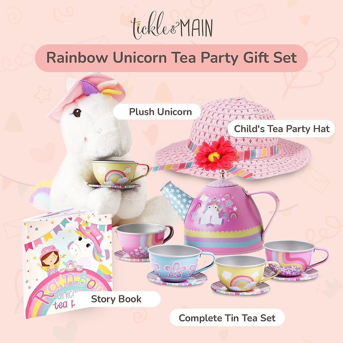 Tickle & Main Rainbow Unicorn Tea Party Gift Set, Tea Set for Little Girls with Unicorn Plushie
