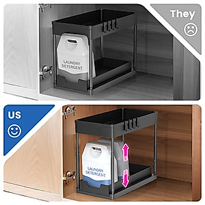 YUANZSMCX home Organization and storage, 2 Pack Adjustable Height with 2 Hanging Cup and 8 Hook 2 Tier under the sink counter storage for kitchen sliding cabinet basket organizer bathroom, Black