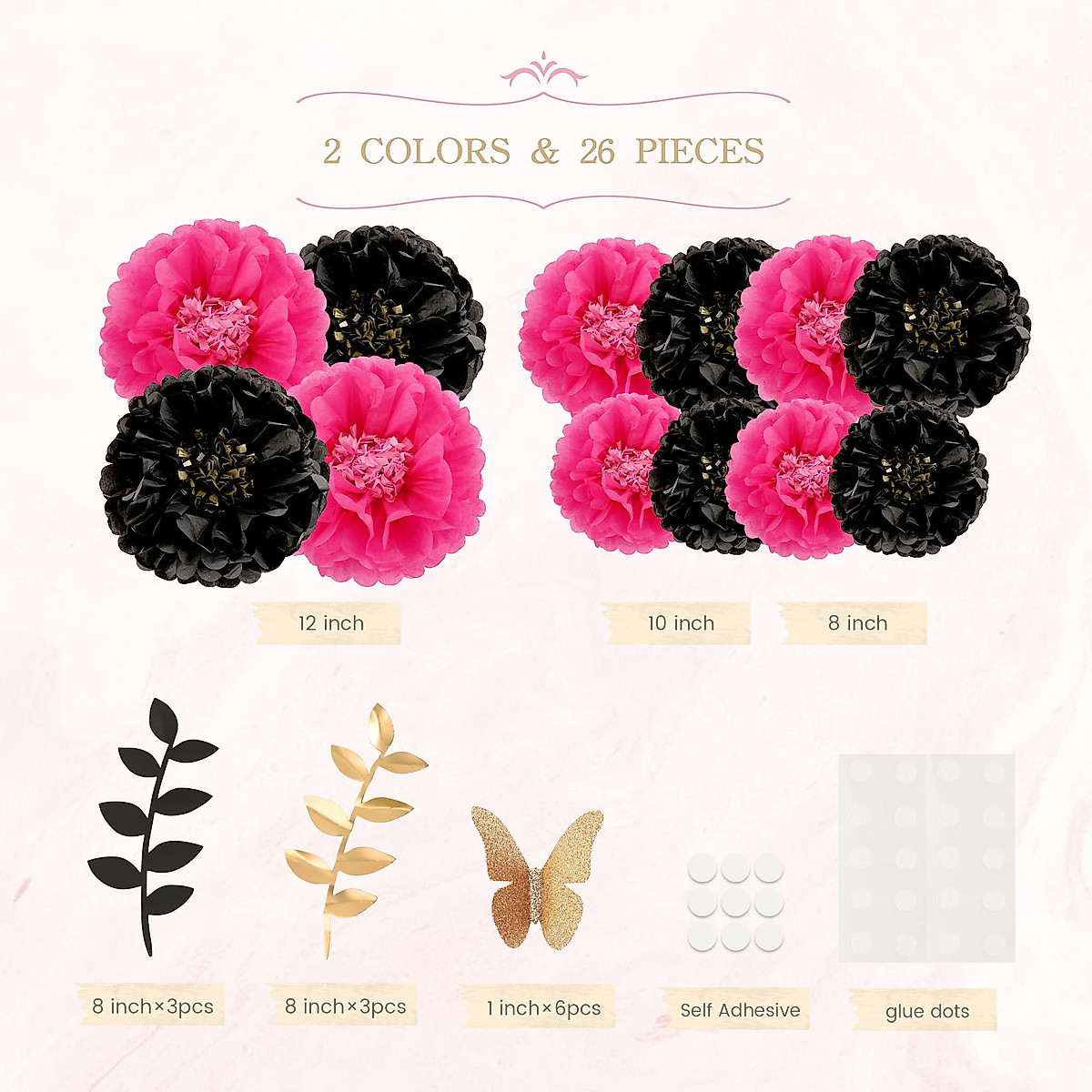 Fonder Mols Tissue Paper Flowers Pom Poms Blooms(Black & Hot Pink, 12pcs) for Bridal Shower Bachelorette Birthday Party Nursery Wall Decorations, Hot Pink and Black Party Decorations