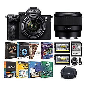 Sony Alpha a7 III Mirrorless Digital Camera Bundle with 28-70mm OSS Lens and FE 50mm f/1.8 Lens, Photo Software Suite, 64GB SD Memory Card, Rechargeable Battery (2-Pack) and Charger, and Bag (6 Items)