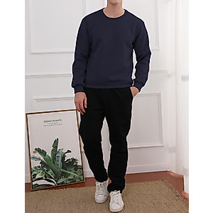Gihuo Men's Warm Crewneck Sweatshirt Winter Sherpa Lined Fleece Sweatshirt Athletic Pullover Tops Loungewear (Navy, S)
