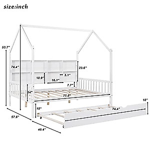 Merax Wood Full House Daybed with Trundle Bed Storage Shelf,Day Bed for Kids Boys Girls No Box Spring Needed White
