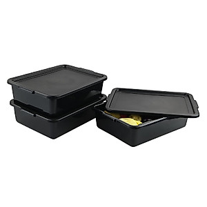 Xyskin Plastic Storage Utility Bus Tote with Lid, Restaurant Commercial Bus Box, 3 Packs, Black