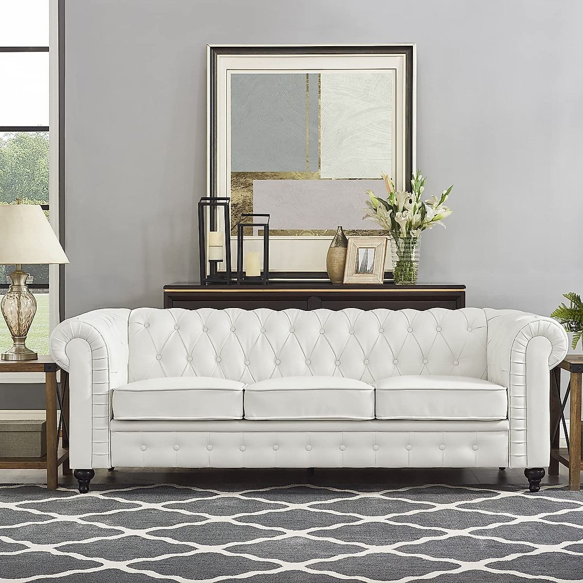 Chesterfield Sofa Set Sofa Loveseat Living Room Chair Juegos Modern Leather Couch Sofa Chair for Bedroom Chesterfield Tufted Leather Sofa Chair for Living Room Loive Seats Furniture Set - White