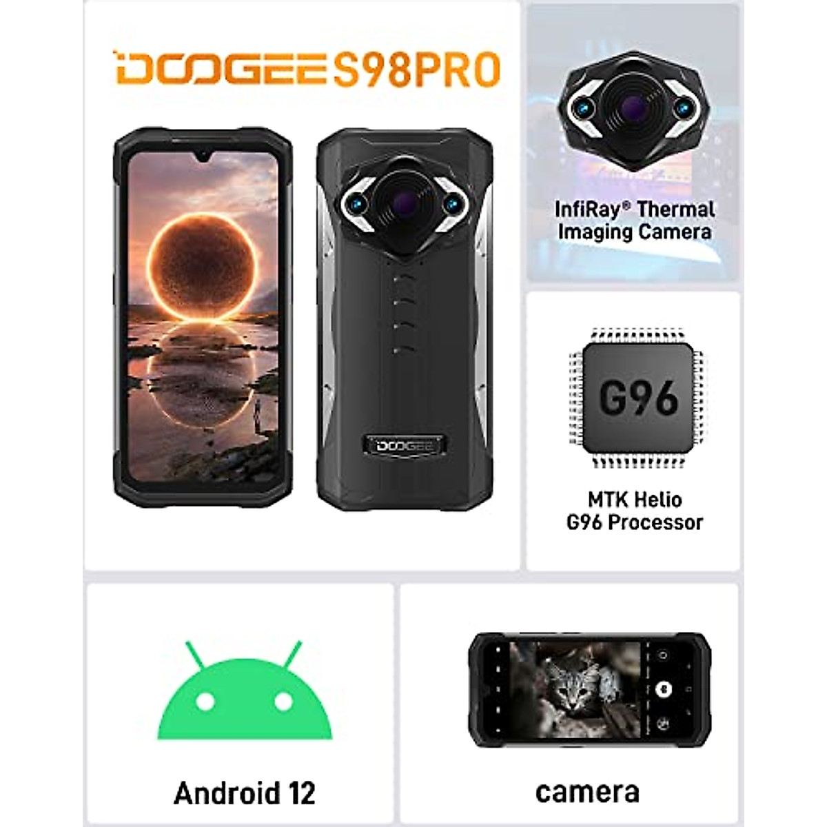 DOOGEE S98 PRO Rugged Smartphone, 8GB+ 256GB Android 12, Thermal Imaging Camera, 48MP 20MP Night Vision Camera, 6000mAh Big Battery, FHD IP68 Waterproof Cell Phone, NFC