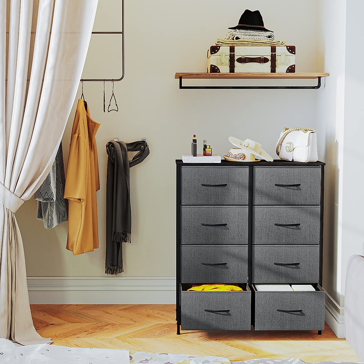 Maxtown 8 Drawer Dresser, Storage Tower with Fabric Box,Clothes Organizer, Bedroom Tall Dresser with Metal Frame and Wood Shelves, Dressers & chests of Drawers for Bedroom, Entryway, Office Black