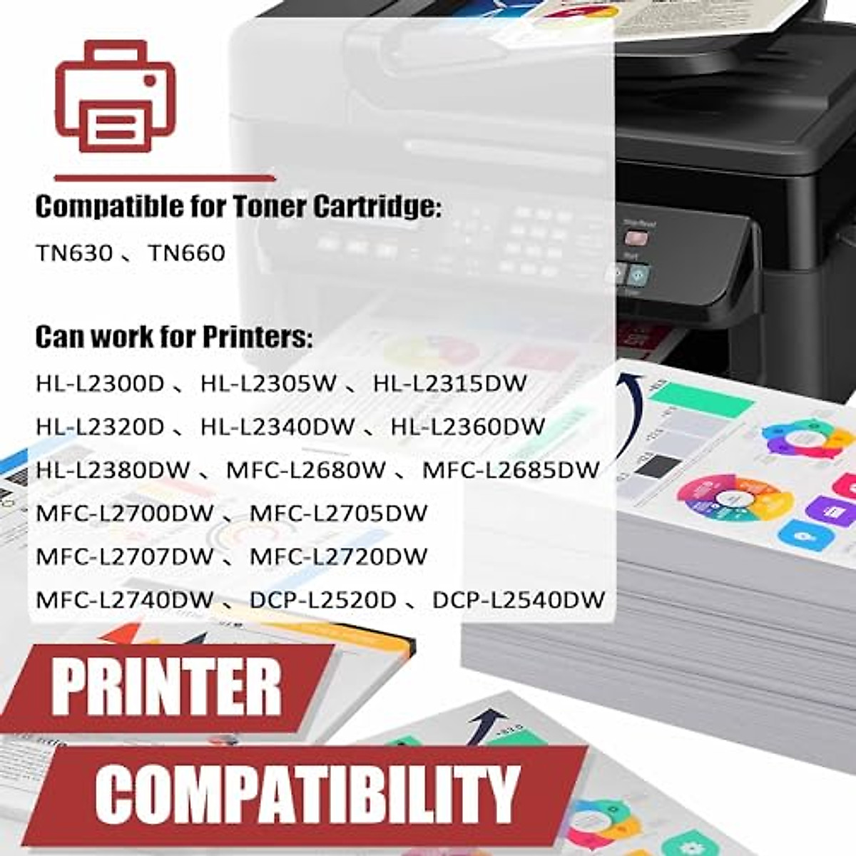 Replacement TN630 Toner Cartridges Compatible for Brother TN 630 TN660 Toner Cartridge Work for Brother HL-L2300D HL-L2305W HL-L2315DW HL-L2320D HL-L2340DW Printers 2 Black Pack