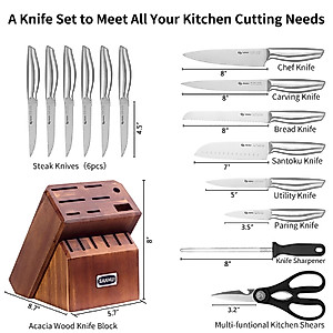 15-Piece Knife Set with Block, Superior High-Carbon Stainless Steel Blades with Precision and Accuracy, Hollow Handle, Steak Knife Set of 6, Chef Knife Set for Kitchen