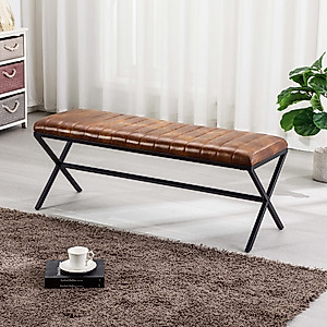 Duhome End of Bed Bench,Modern Entryway Bench Faux Leather Upholstered Dining Bench,Vanity Bench with Metal X Legs, Leather Tufted Bedroom Bench for Makeup Room, Living Room, Bathroom,Yellowish Brown