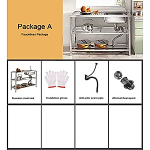 Large Single Bowl Sink Commercial Kitchen Washing Sink Free Standing Restaurant Sink Station Industrial Garage Sink w/Workbench & Storage Shelves (100cm/39.3in,Package A)