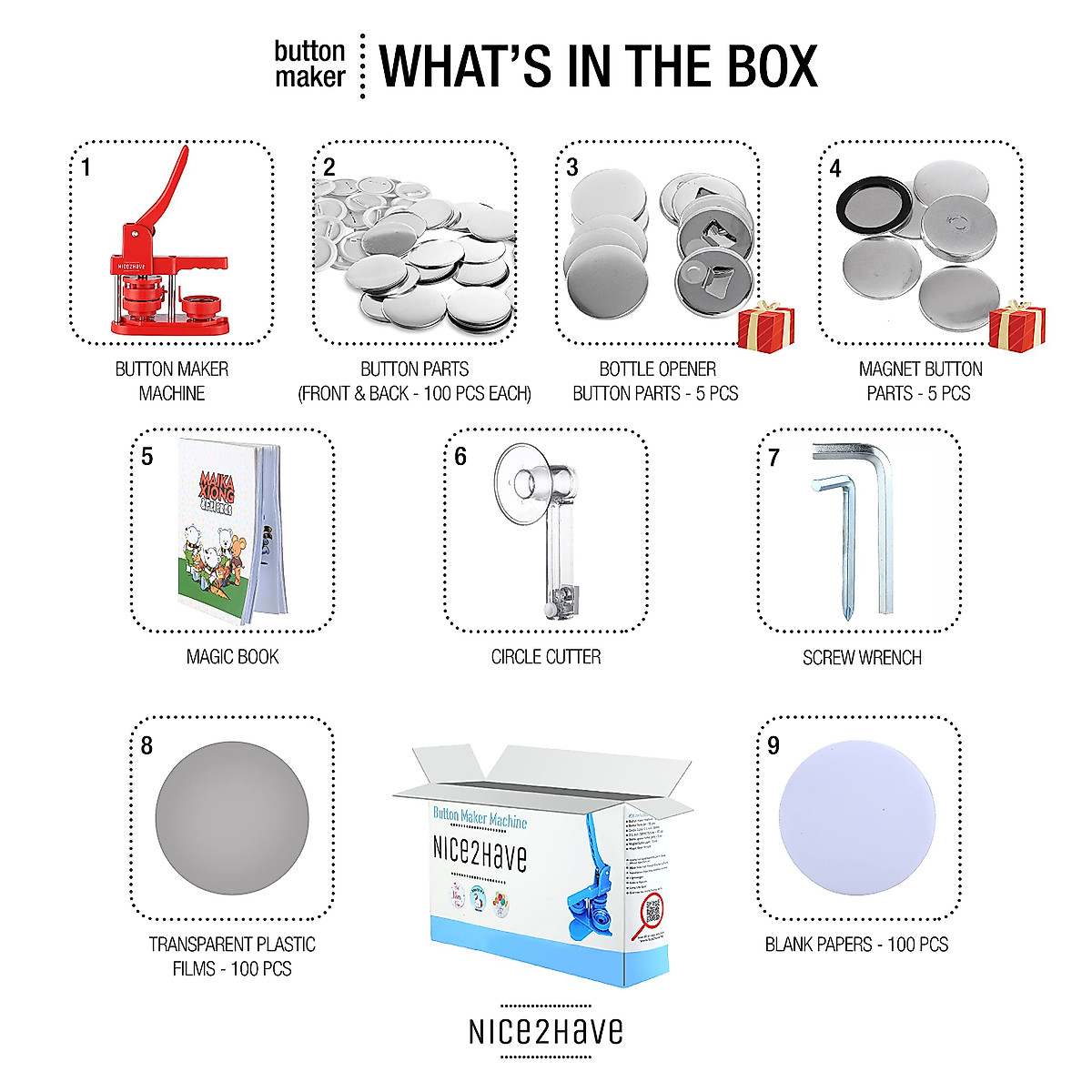 Nice2Have Button Maker Machine 2.25 inch (58mm) - (100pcs Buttons,5pcs Bottle Openers,5pcs Fridge Magnets, 500+ Free Designs,Circle Cutter&Magic Book&Paper) - Installation-Free Pin Maker Machine