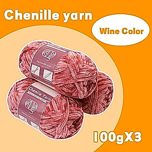 LUNARM 3 * 100g Chenille Yarn, Yarn for Crocheting Knitting with Big Eye Needles, Handcrafts Weaving Soft Chenille Yarn for Making Blankets, Clothes, Pattern Knitting Creations (Wine Color)