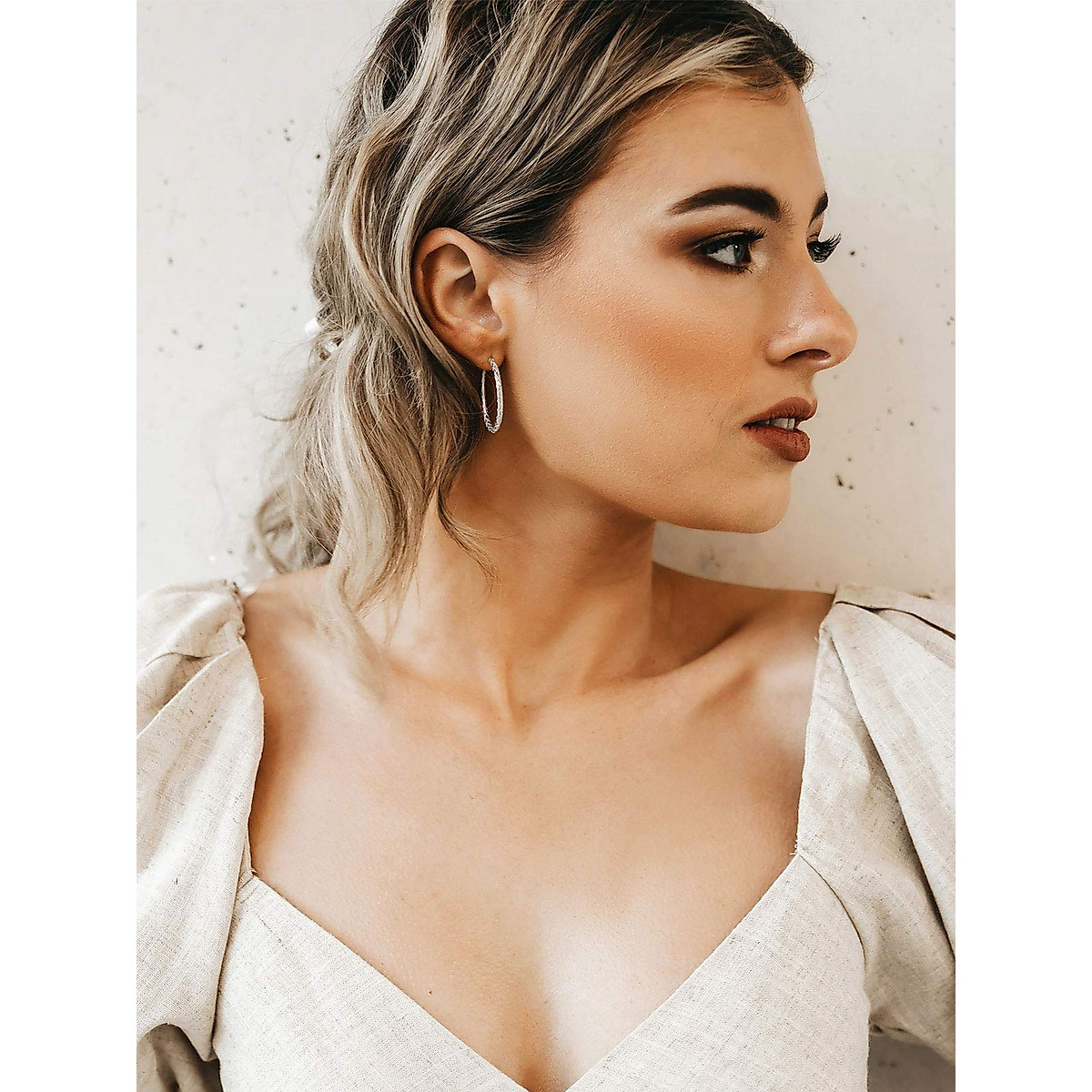 SWEETV 925 Sterling Silver Hoop Earrings for Women Sliver Huggie Earrings Hypoallergenic Textured Huggie Hoop Earring for Sensitive Ears 24MM