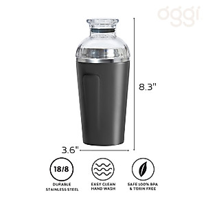 OGGI Groove Insulated Cocktail Shaker-17oz Double Wall Vacuum Insulated Stainless Steel Shaker, Tritan Lid has Built In Strainer, Ideal Cocktail Mixer, Martini Shaker, Margarita Shaker, Black