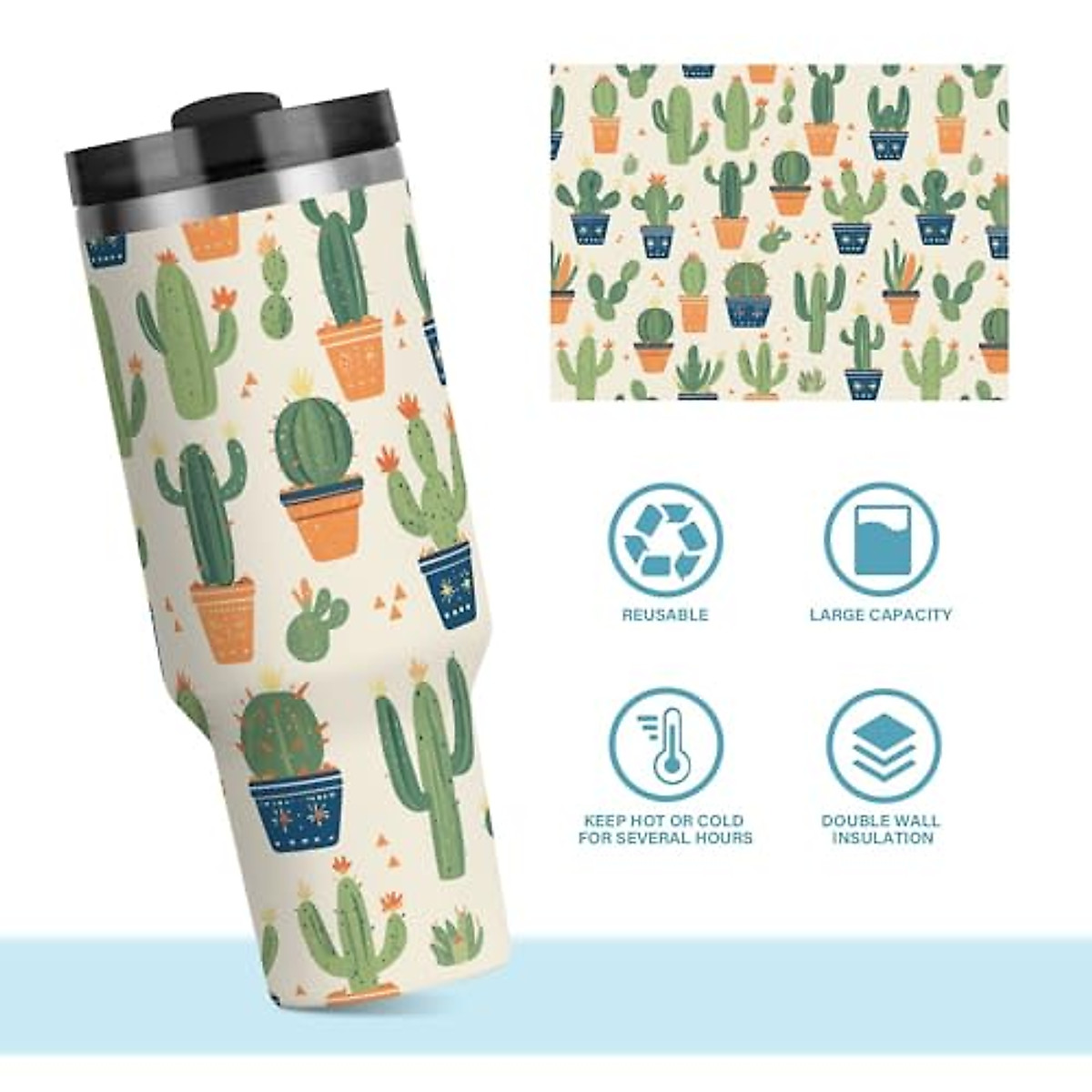 linqin Gigantic Cacti Mint Cream Vacuum Tumbler Insulated with Straw Leak Resistant Flip 40 oz Kids Water Bottle Wide Mouth To Go Coffee Mug for Hiking, Sports, Camp