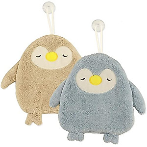 Hanging Hand Towels ( 2 In 1 set ) - Ultra Soft Coral Fleece Penguin Hand Bath Towel with Hanging Loop - Absorbent Towel for Bathroom Cleaning and Drying Washcloth - 9 X 9 Inches(Khaki+Blue)