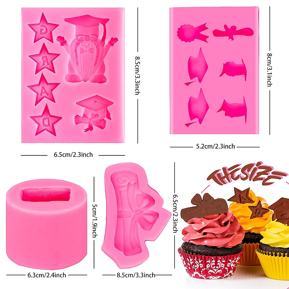 Whaline 4 Pieces Graduation Silicone Molds Graduation Gnome Grad Cap Diploma Star Chocolate Candy Mould Pink Grad Ice Cube Fondant Mold for Grad Party Cake Cupcake Topper Decoration