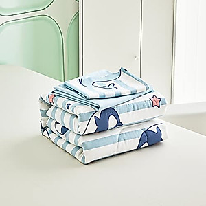 FlySheep 4 Pcs Cotton Toddler Bedding Set, Blue Striped and Whale Printed Ocean Style Soft Comforter Set for Kids Boys n Girls - Includes Quilted Comforter, Flat Sheet, Fitted Sheet & Pillow Case