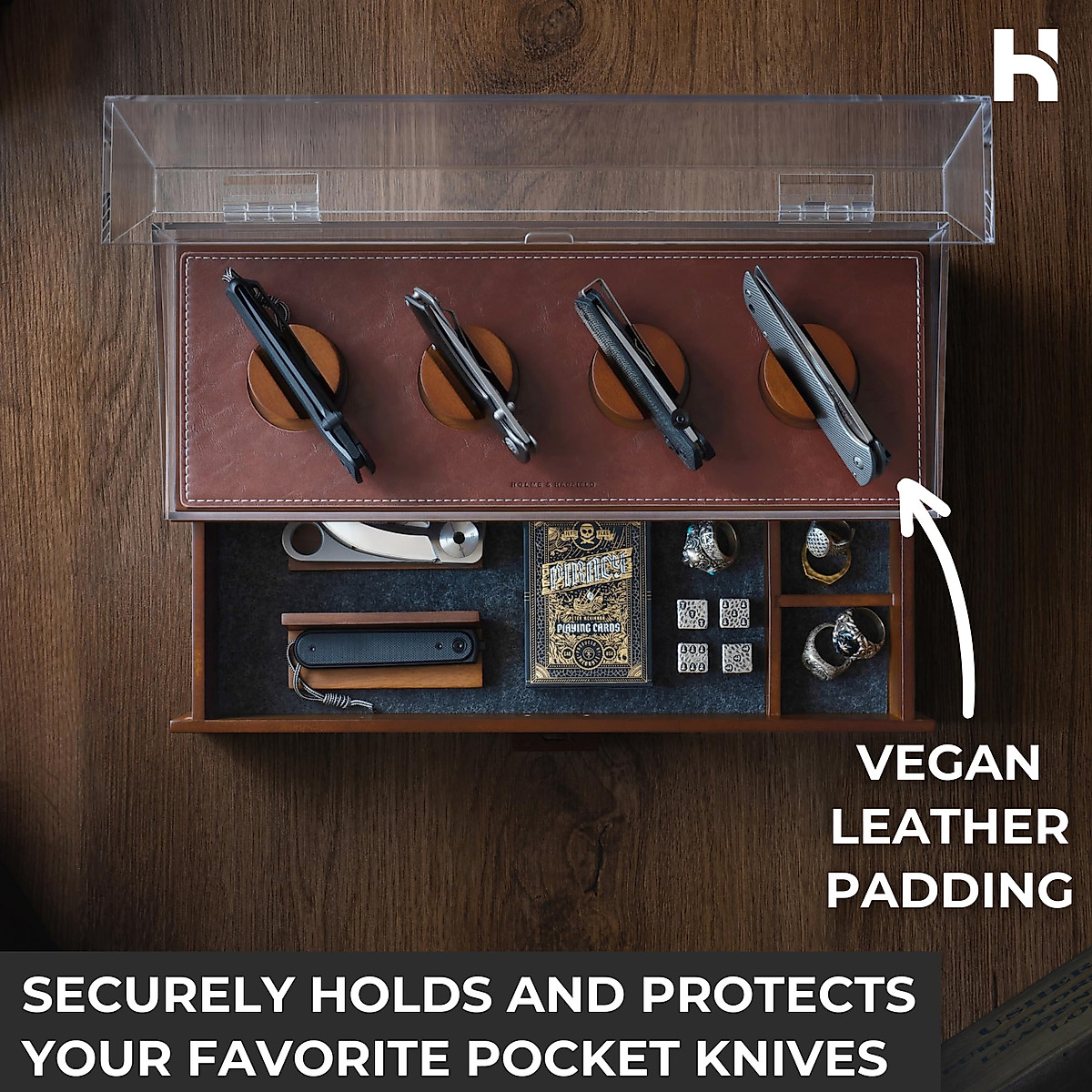Showcase Your Knives with The Knife Deck Pro – Premium Pocket Knife Display Case for 6 Knives – Easy Access & Leather Lining – Drawer for Accessories – Wooden Pocket Knife Holder – Lifetime Assurance