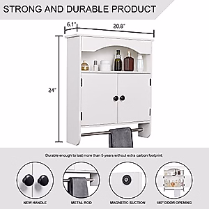 LUCYPAL Bathroom Cabinet Wall Mounted with Doors, Wooden Hanging Cabinet, Bathroom Cabinet with Towel Bar Over The Toilet, Bathroom Wall Cabinet White
