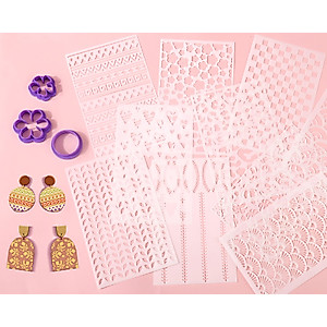 BABORUI 10Pcs Clay Texture Sheets for Polymer Clay, Reusable Clay Stamps Stencils with 2Pcs Scraper, Polymer Clay Tools Embossing Stamp Mats for Printing on Clay Earring Jewelry