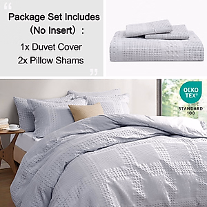 PHF 100% Cotton Waffle Duvet Cover Queen Size, 3 Pieces Soft Breathable Duvet Cover Set for All Season, Pre-Washed Decorative Textured Comforter Cover with 2 Pillow Shams, 90"x92", Light Grey
