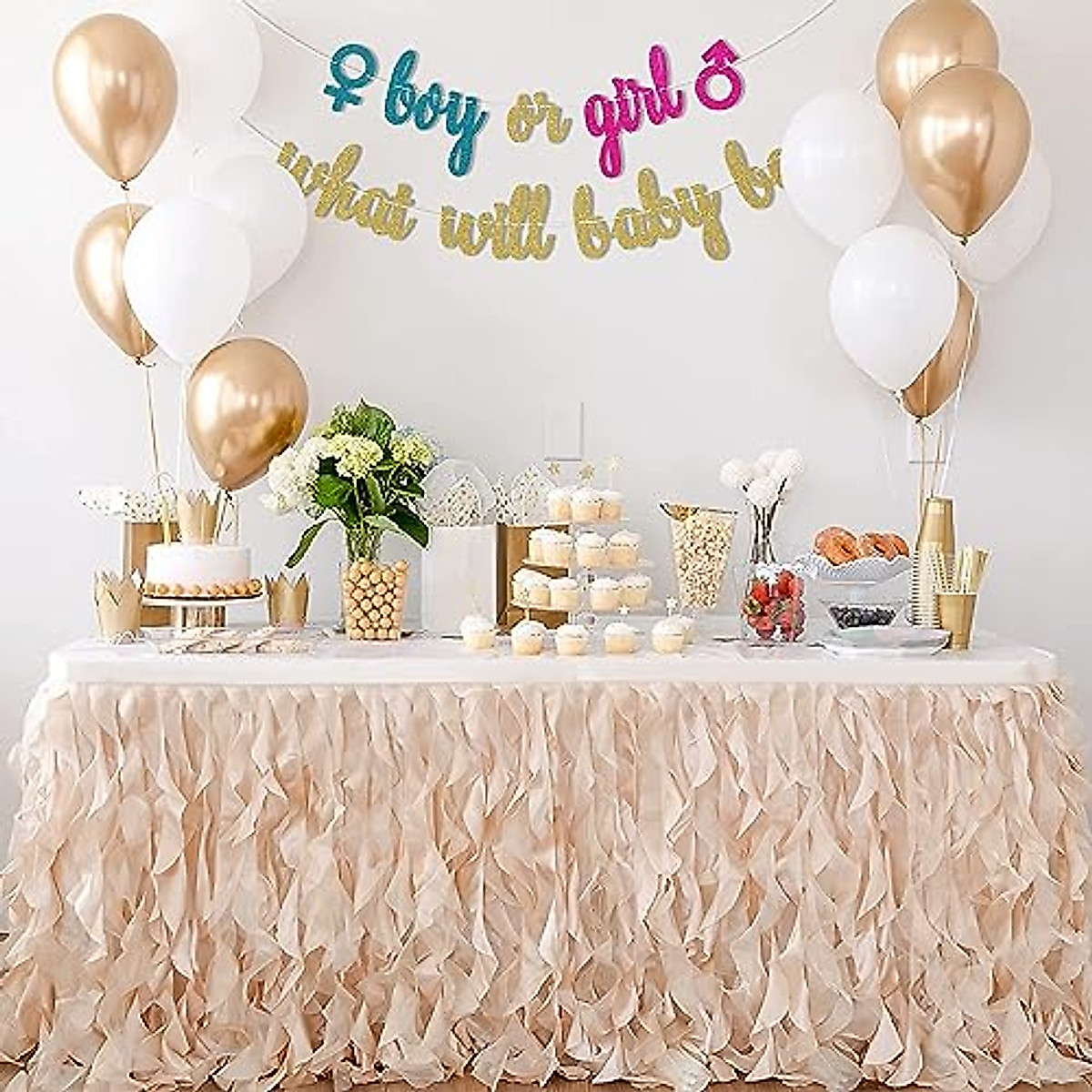 Pre-Strung Boy or Girl What Will Baby Be Banner, Gold Blue Pink Glitter Gender Reveal Decorations, He or She, Blue or Pink, Boy or Girl We Love You Banner, Baby Shower Gender Reveal Party Supplies