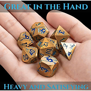 DND Metal Dice - Pharaoh Ruins Gold with Blue Cracks - Polyhedral Dice Set for D&D, RPG and More - Beautifully Detailed for Dungeons and Dragons
