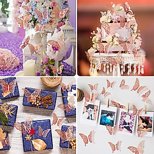 Creative 60PCS Hollow Butterfly Wall Decals 5 Style 3D Butterflies Stickers DIY Removable PVC Refraction Shiny Gold Home Decor for Kids Girl Bedroom Living Room Nursery Playroom Decoration (Rose Gold)