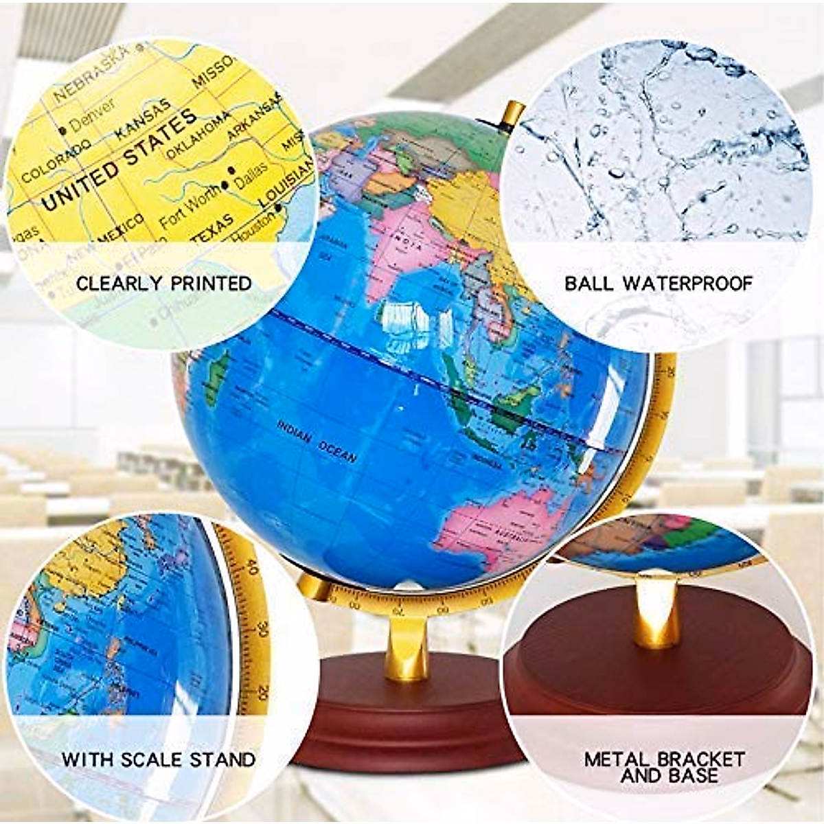 World Globes for Kids - Larger Size Educational World Globe with Stand Adults Desktop World Gobles Educational Toy for Children - Geography Learning Toy,B