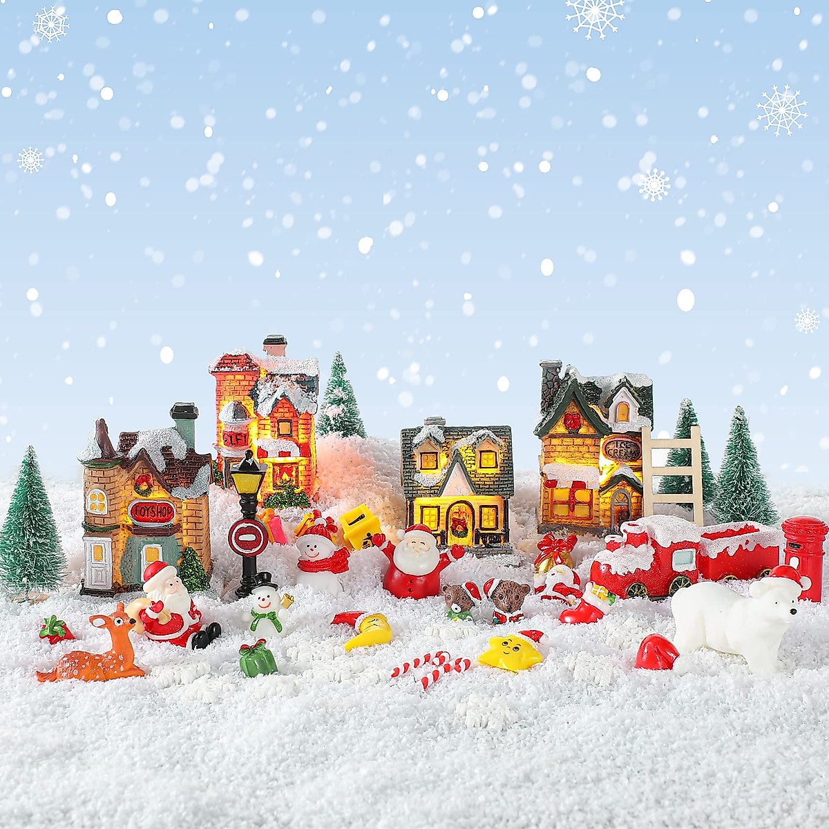 44 Pieces Christmas Light up Village Houses LED Lights Christmas Village Scene Display Tiny Resin Fairy Figurines Accessories Miniature Ornaments for Collection Table Decor