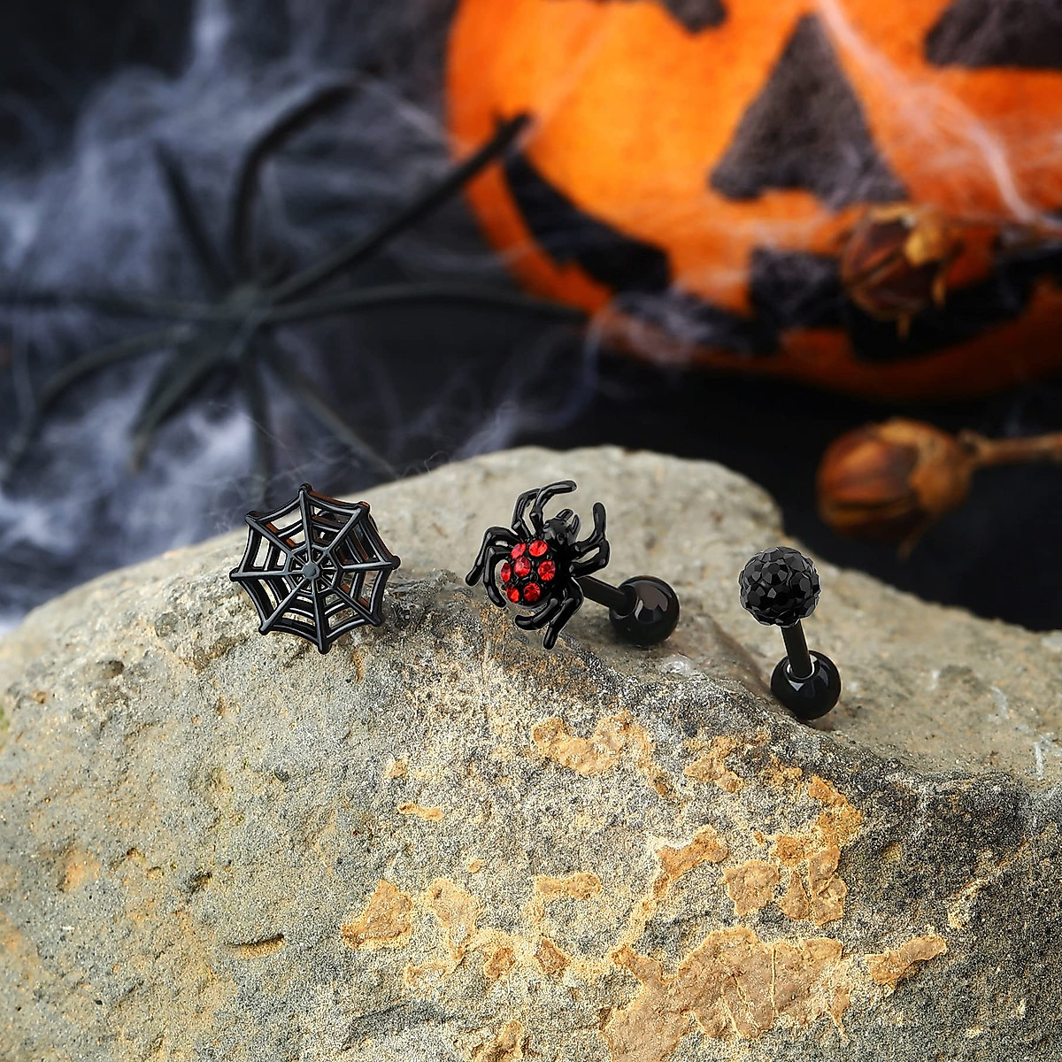 OUFER 3PCS Helix Earrings Spider Halloween Cartilage Tragus Set Spider Web Conch Piercing Jewelry Black Red Gem Tragus Studs