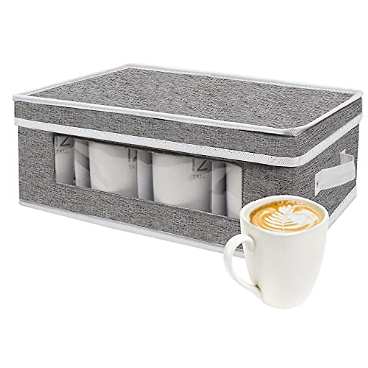 homyfort Mug Storage Box, China Storage Containers Organizer Hard Shell with Dividers for 12 Coffee Mugs, Tea Cup, Moving & Packing (Grey)