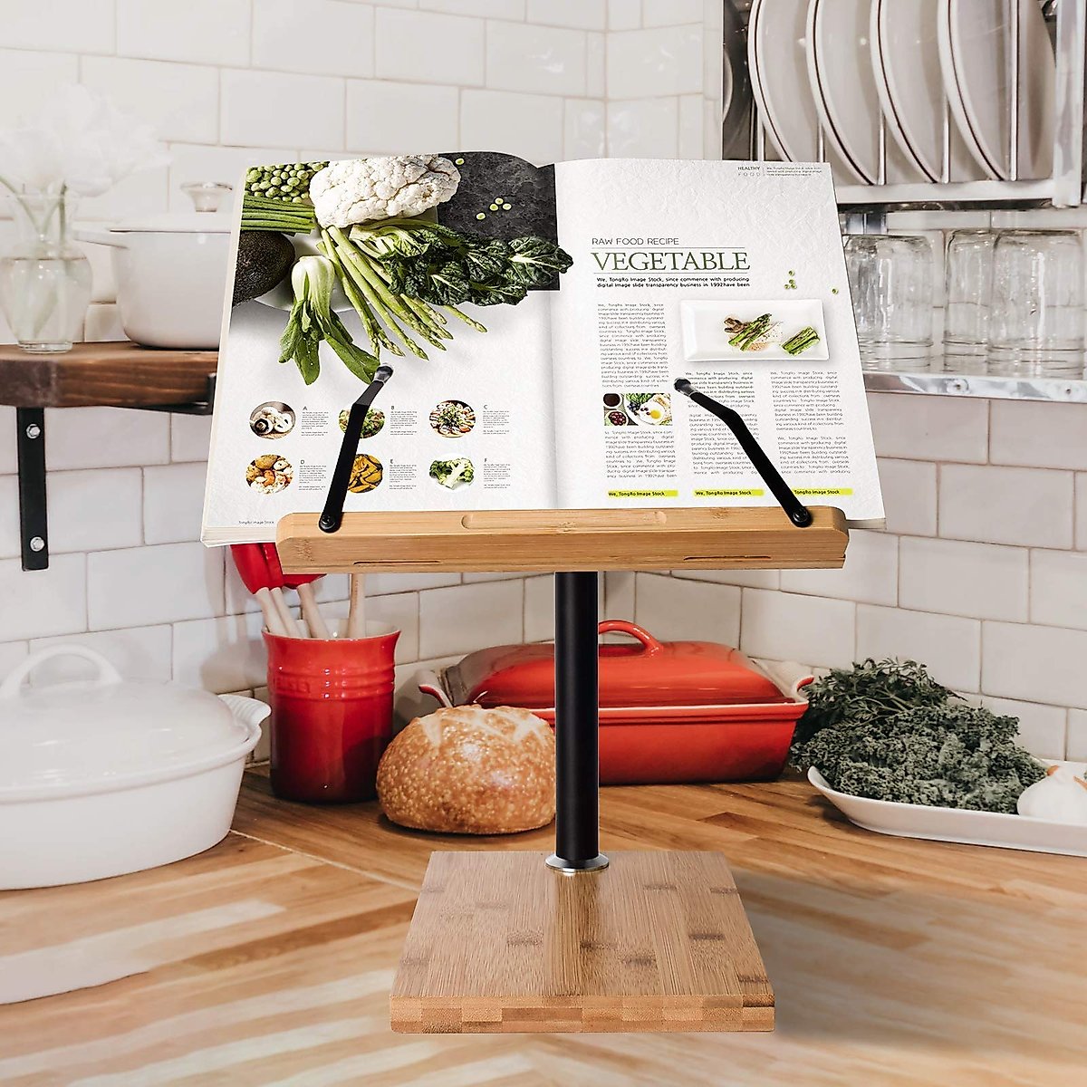 wishacc Book Stand Height Adjustable - Upright Bamboo Book Stand & Holder for Reading Hands Free, Desktop Adjustable Reading Height and Angle Book Rest with Page Clips (11.0 x 8.1 inches)